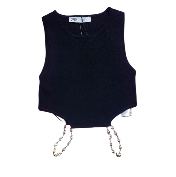 Zara | Tops | Zara Black Cropped Top With Silver Chain Accent Tank ...